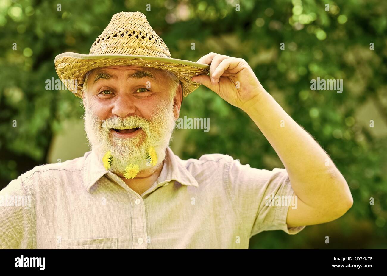 Used to be cowboy. Man unshaven smiling face. Farm concept. Living in ...