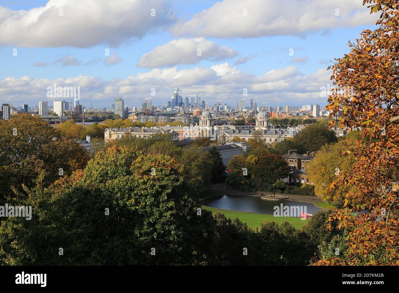 Autumn colours in the view looking over Greenwich, towards the City of ...