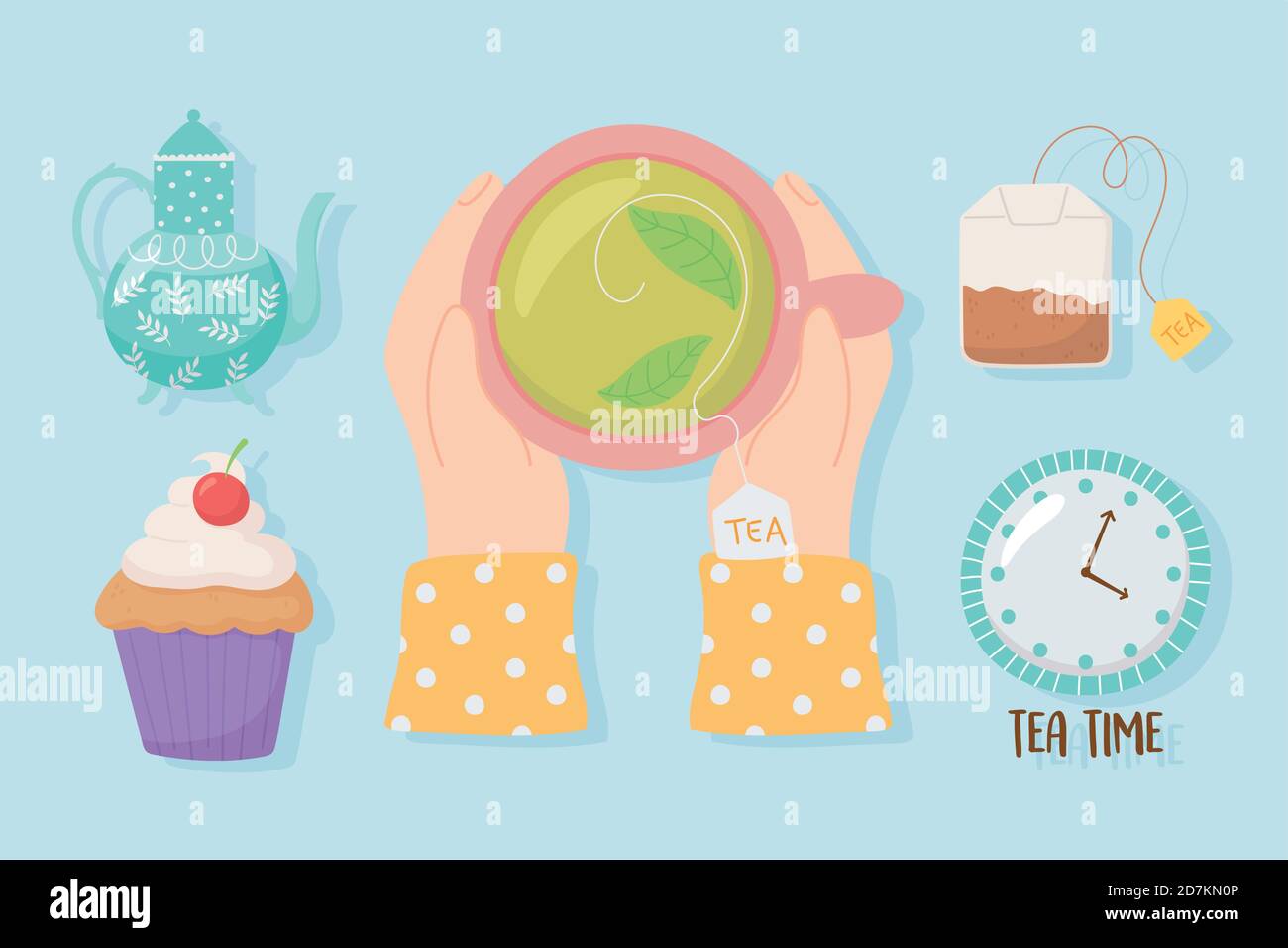 tea, hands with teacup kettle cupcake teabag clock beverage vector ...