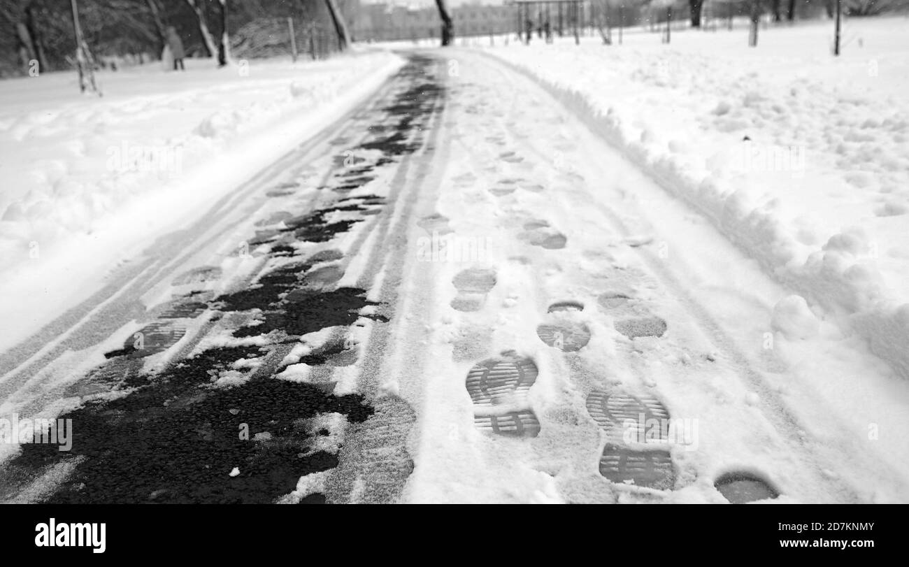 Footprints in the snow. Footprints on the first snow. Imprint and ...