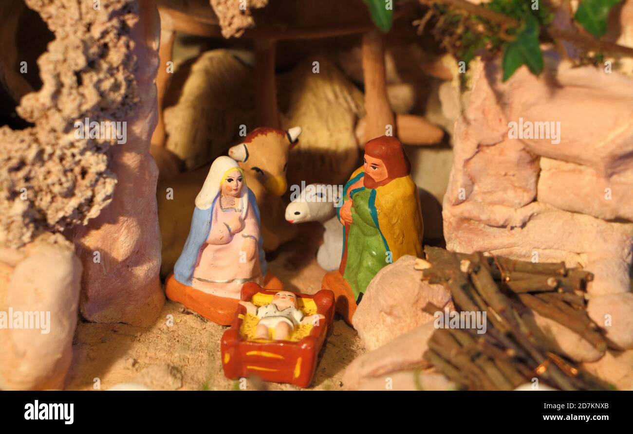 Nativity scene with provencal Christmas crib figures in terracotta ...