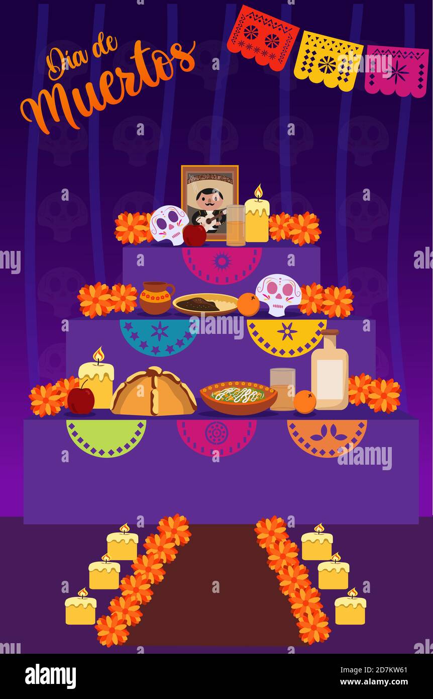 Day of the dead celebration: Offering to the dead, text in Spanish: Day ...