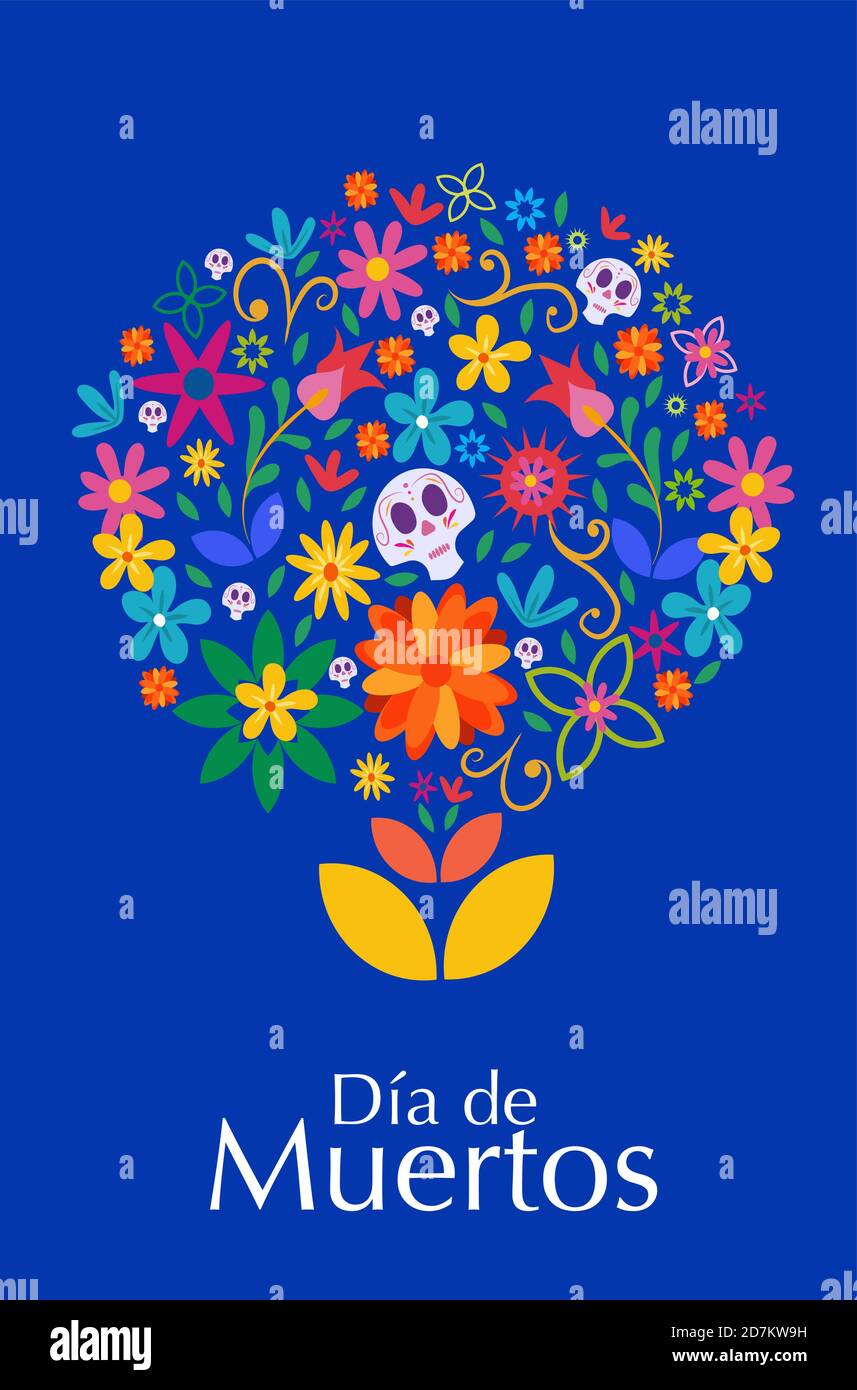 Day of the dead celebration - Skull made with flowers, text in Spanish ...