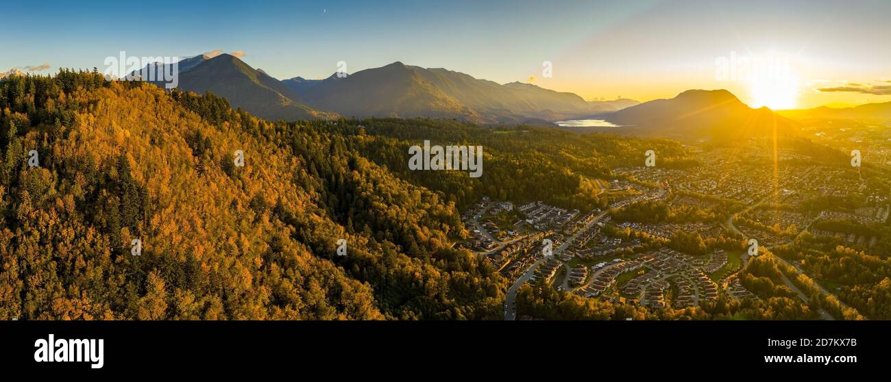 Wide angle aerial panorama photo of Chilliwack city, in Fraser Valley ...