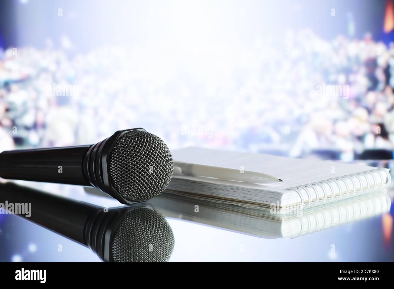 The microphone on the stage in front of the hall. Performance on stage ...