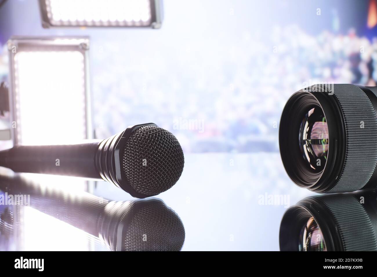 The microphone on the stage in front of the hall. Performance on stage ...