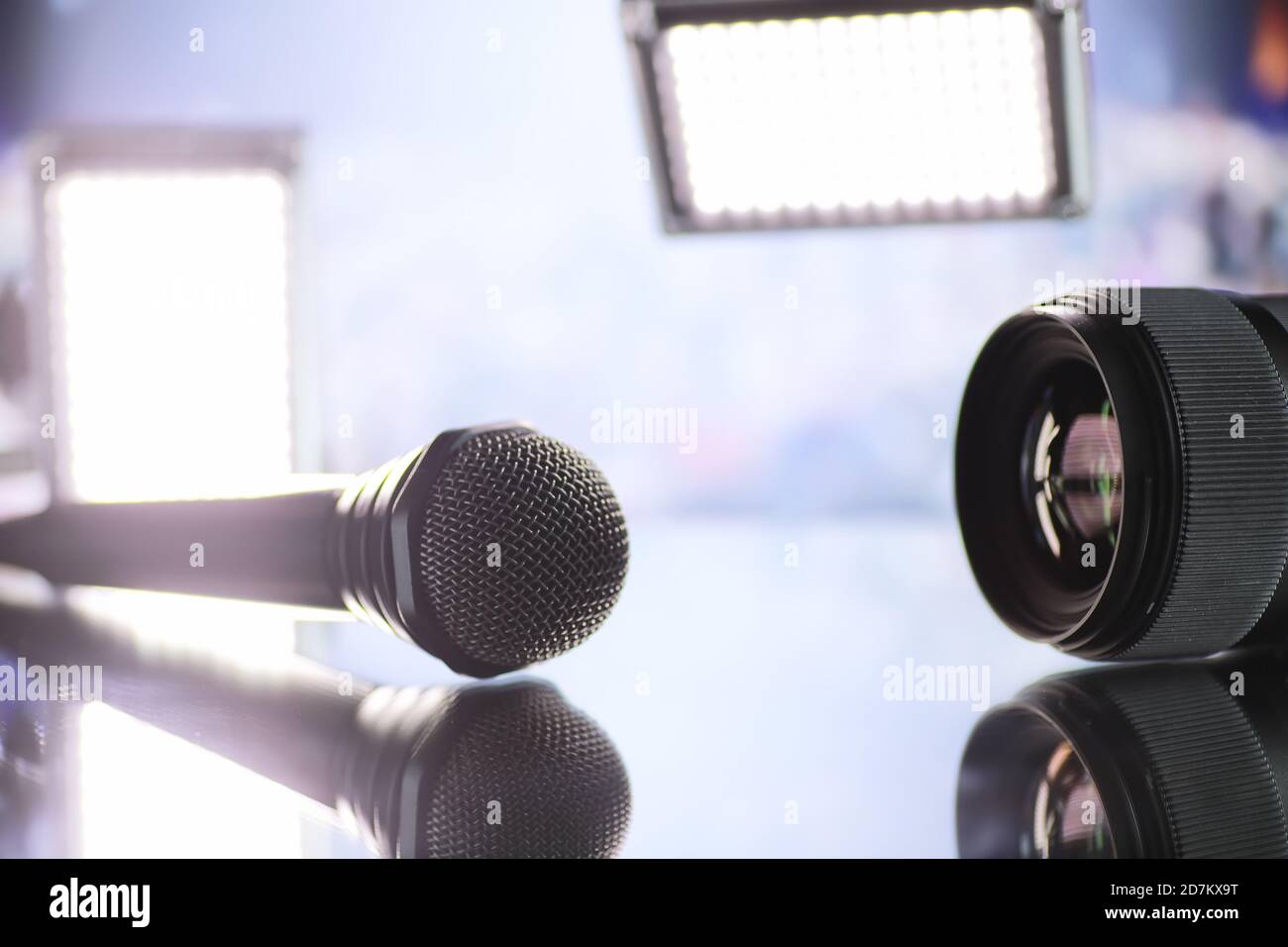 The microphone on the stage in front of the hall. Performance on stage ...