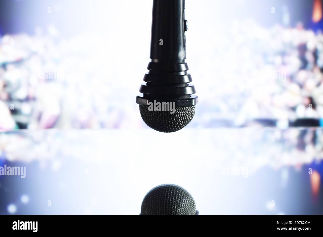 The microphone on the stage in front of the hall. Performance on stage ...