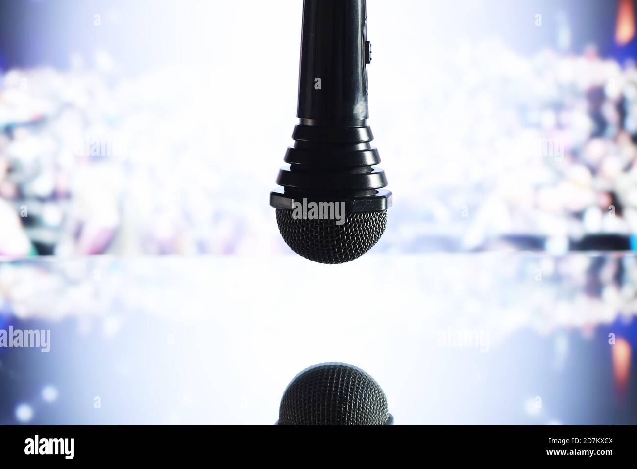 The microphone on the stage in front of the hall. Performance on stage ...