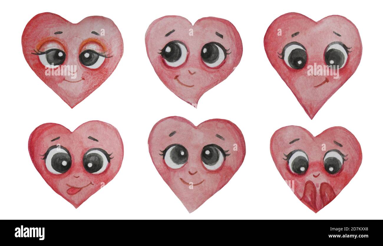 A set of red hearts faces with big eyes. Emotions - sad, joyful, funny ...