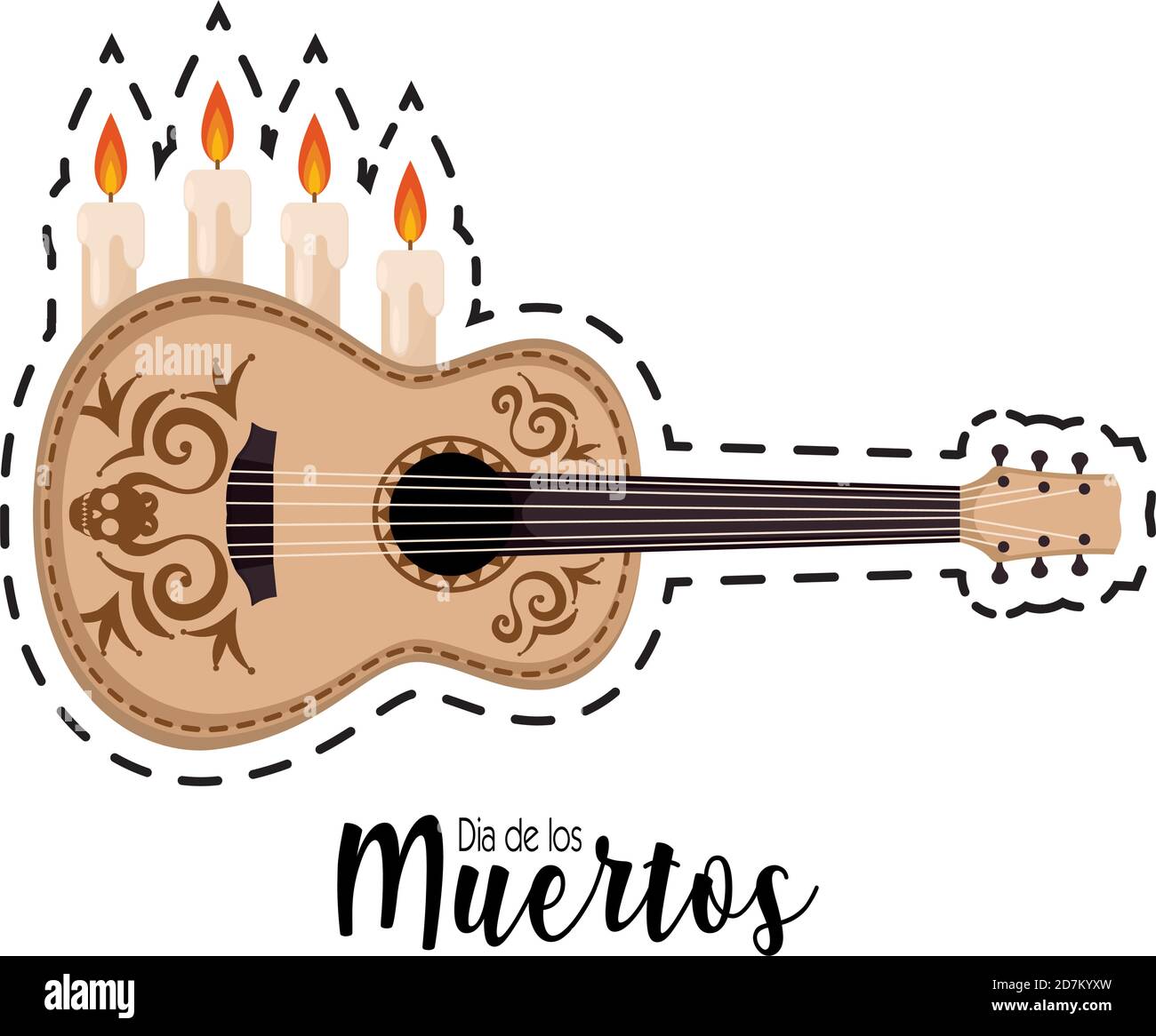 Dia de los muertos sticker with a guitar and candles - Vector Stock ...