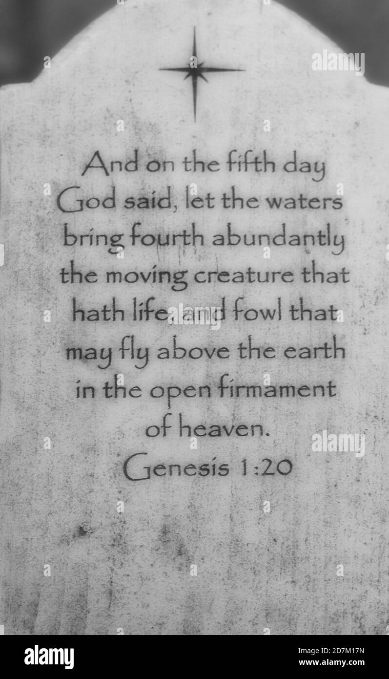 A stone tablet of Genesis 1:20 Stock Photo - Alamy