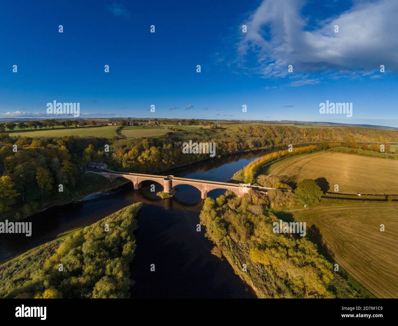 Ladykirk and Norham Bridge crossing the River Tweed across the Anglo ...