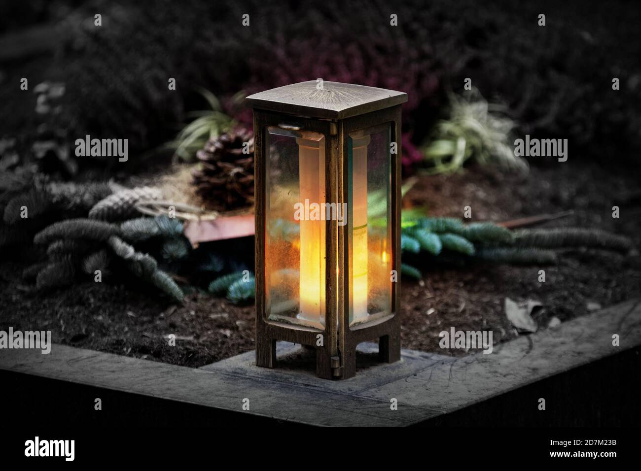 metal grave lantern with burning candle on a grave at night Stock Photo - Alamy