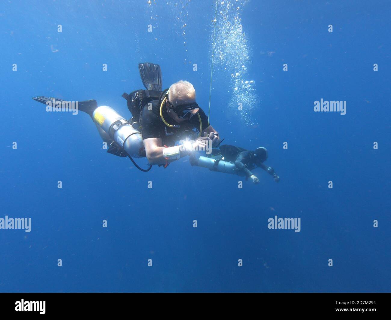 Scuba diver in the depths of the ocean with an oxygen tank and fins and ...