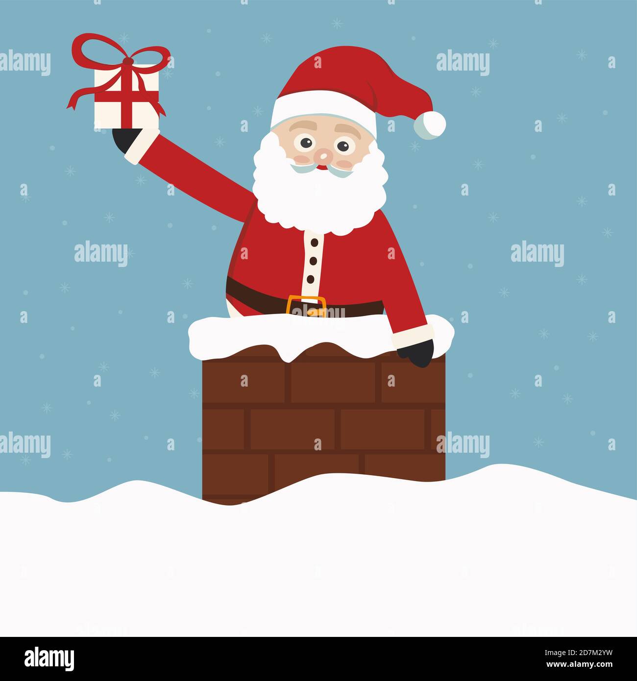 Cute Santa Claus in the chimney on the roof and with a gift in hand ...