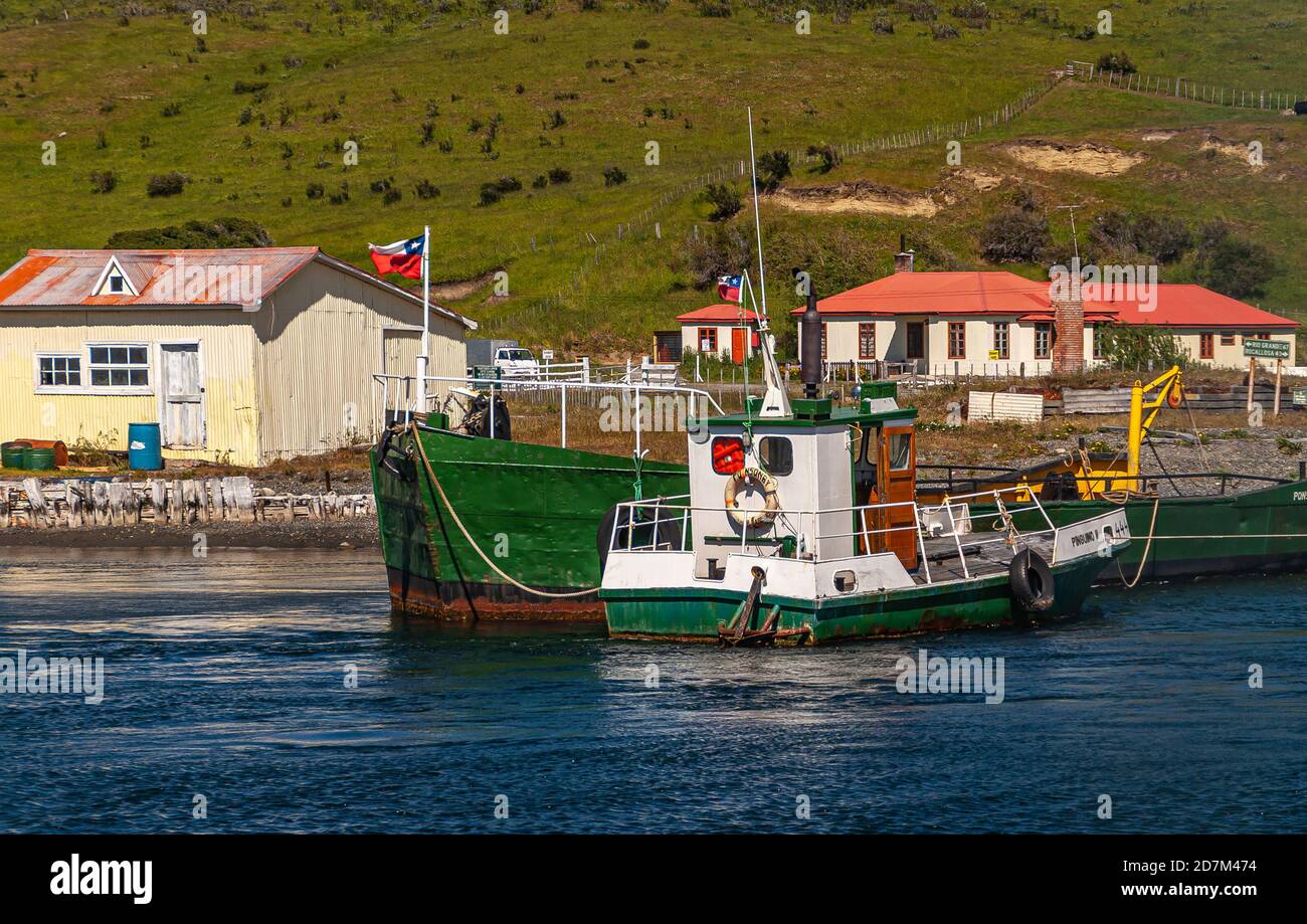 Riesco Island, Chile - December 12, 2008: Green and white boats at ...