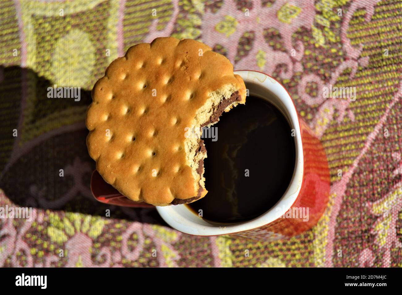 Coffee and double decker biscuit with chocolate. Biscuit with chocolate ...