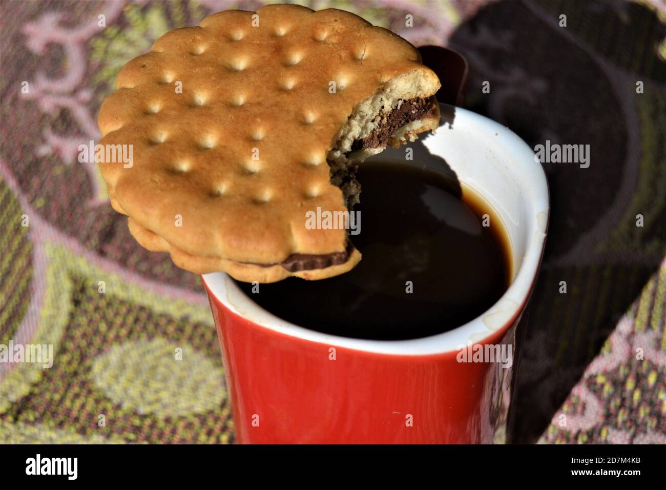 Coffee and double decker biscuit with chocolate. Biscuit with chocolate ...