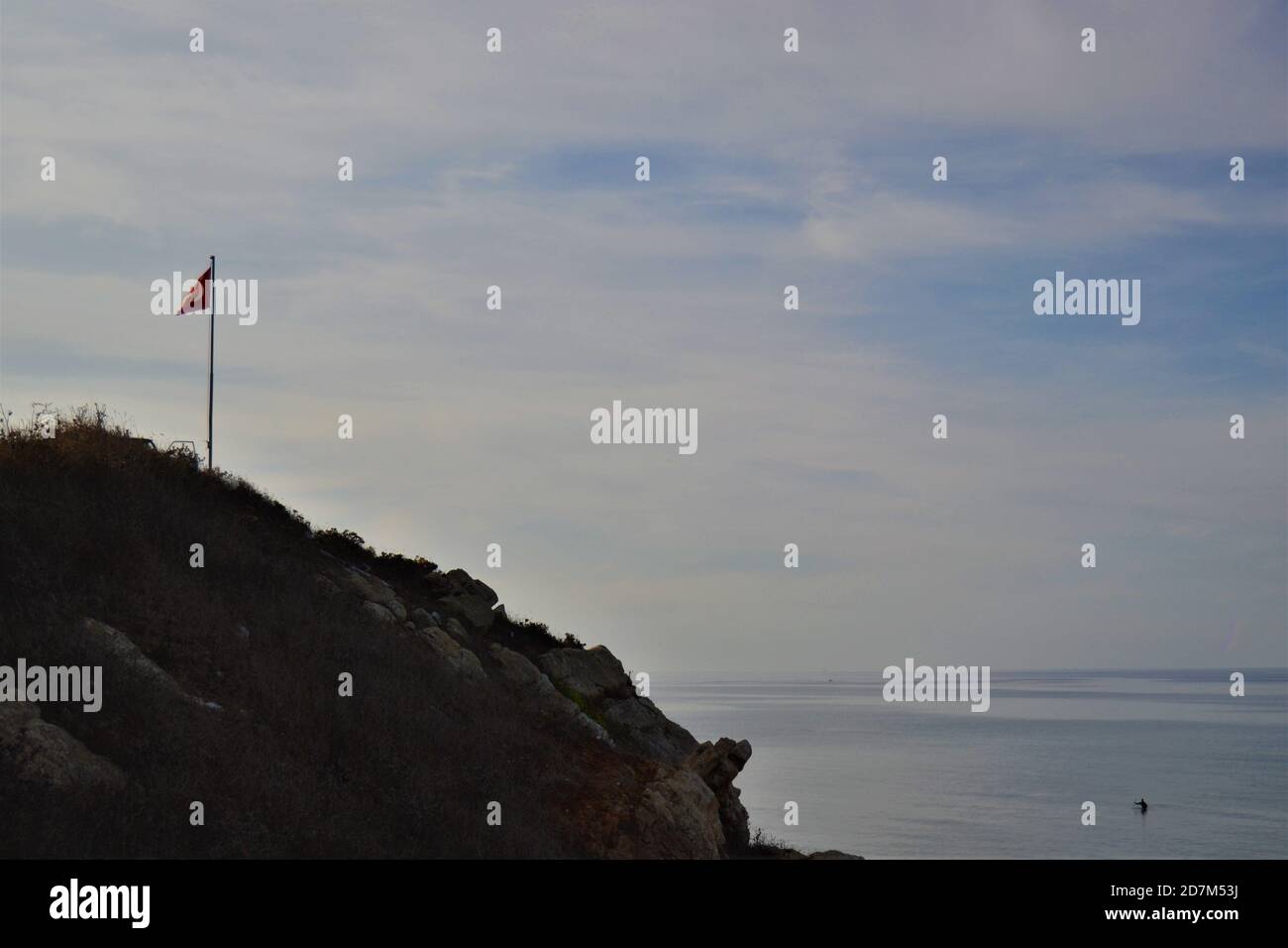 Silhouette of cost and Turkish flag. Mudanya and Marmara Sea. Turkish ...