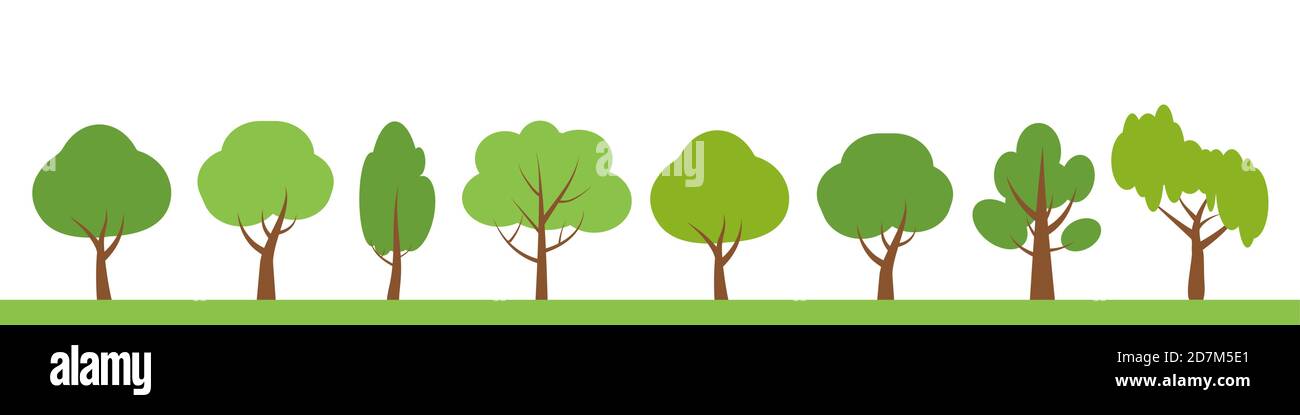 Green trees border background. Different shapes oak, birch. Flat ...