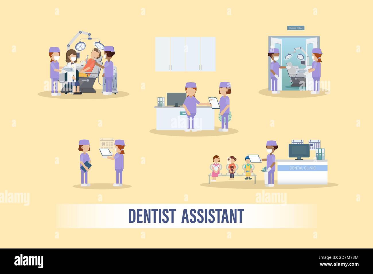 Set of dentist assistant working flat design vector illustration Stock ...