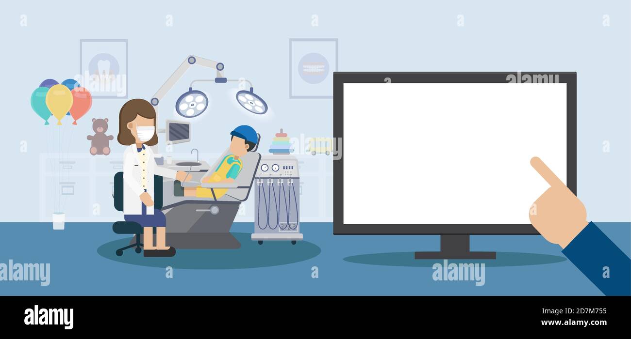 Blank screen monitor in dental clinic or dental office with patients ...