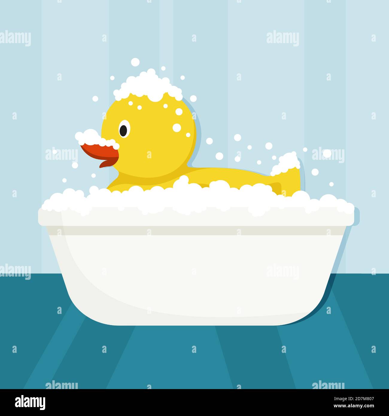 Giant yellow rubber duck taking a bubble bath. Bathroom interior ...