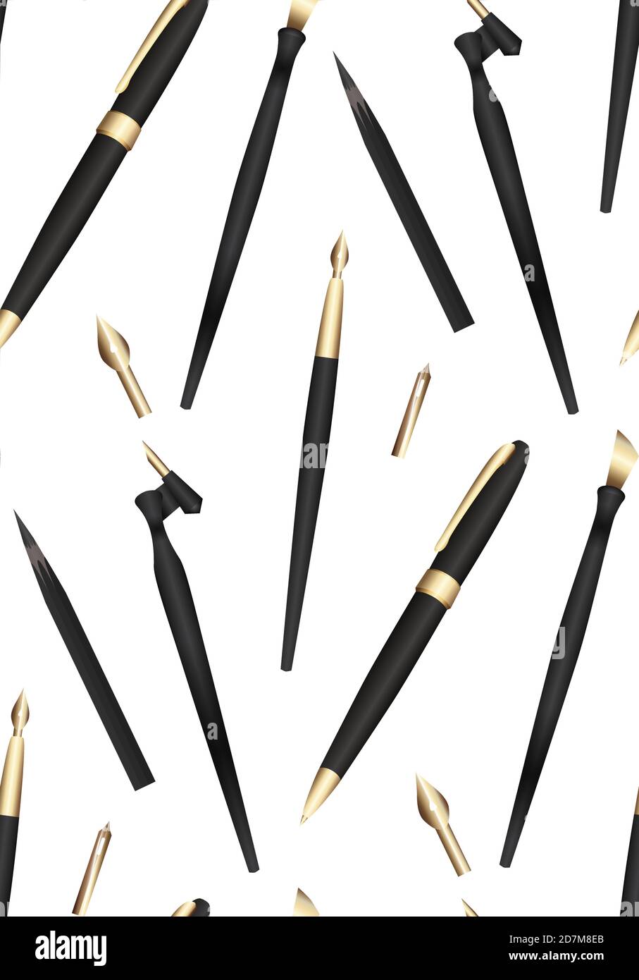 Seamless pattern with realistic 3D pens, pencils and feathers for ...