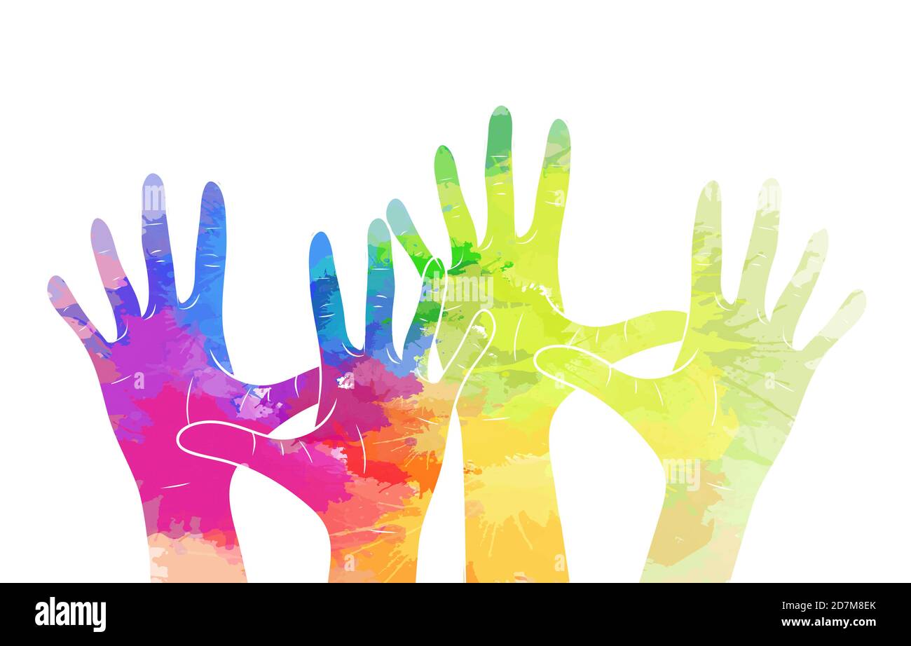 Human rights. Hands up with rainbow watercolor stains. Volunteers and ...