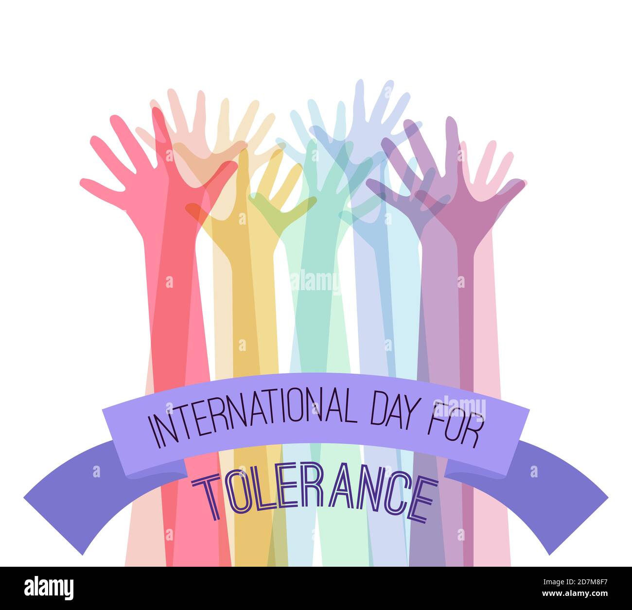International Day of Tolerance. Rainbow hands up with a greeting ribbon ...