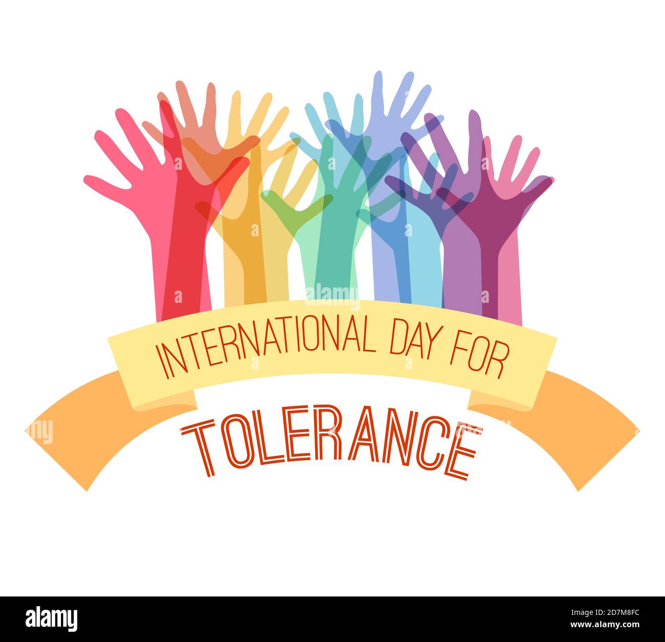 International Day of Tolerance. Rainbow hands up with a greeting ribbon ...