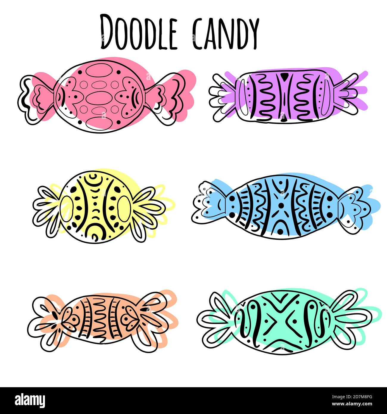 Set of contour drawing of sweets with patterns and multicolor spots ...