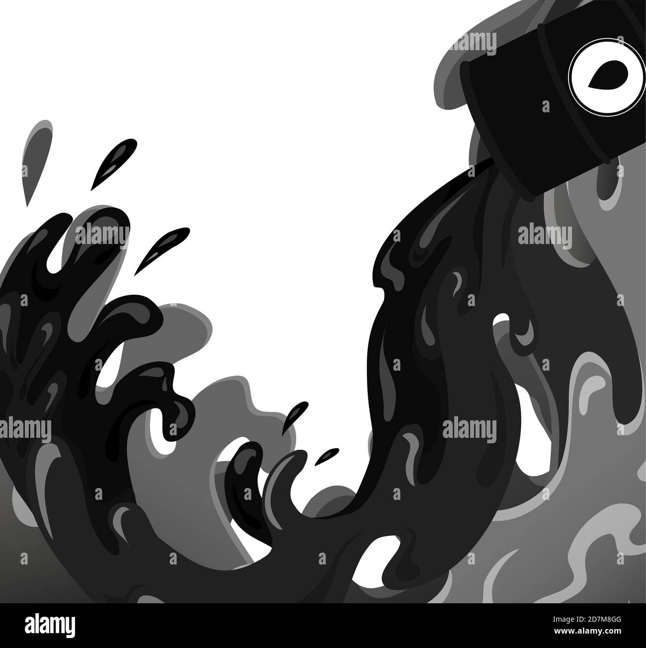 Vector flat illustration of oil barrel with pouring oil with splashes ...