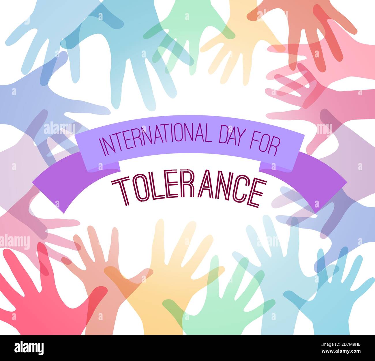 International Day of Tolerance. Rainbow hands up with a greeting ribbon ...