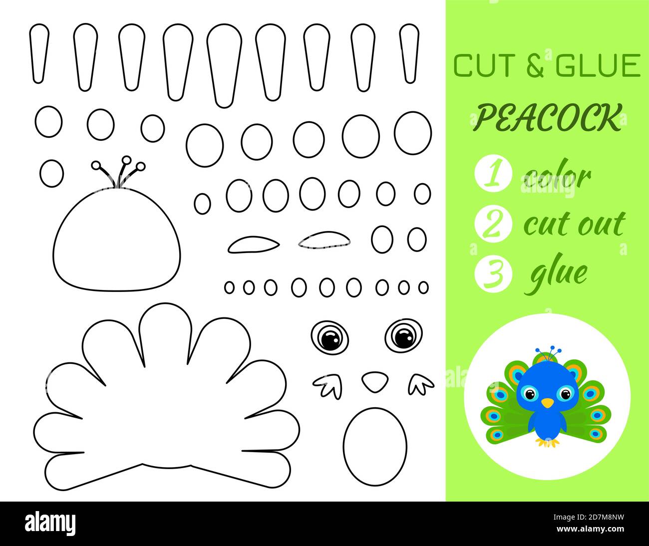 Coloring book cut and glue baby peacock. Educational paper game for ...
