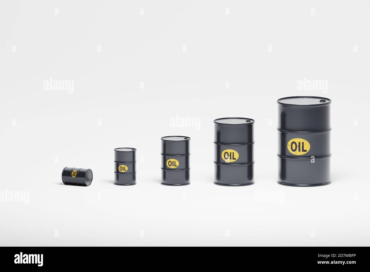 Size of oil barrels is increasing. Ladder from black barrels. Concept ...