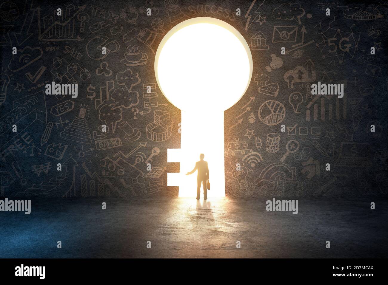Successful businessman looking through keyhole Stock Photo - Alamy