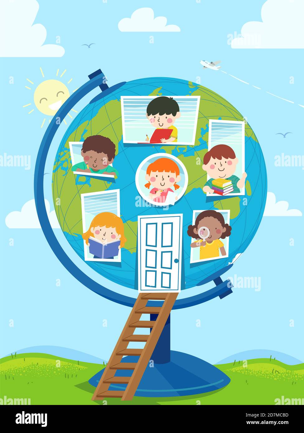 Illustration of Kids Students Studying From Inside a Globe ...