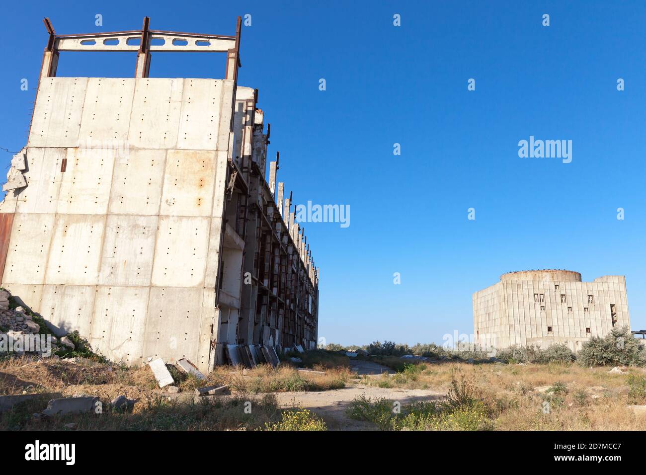 Abandoned Crimean Atomic Energy Station buildings at sunny day ...