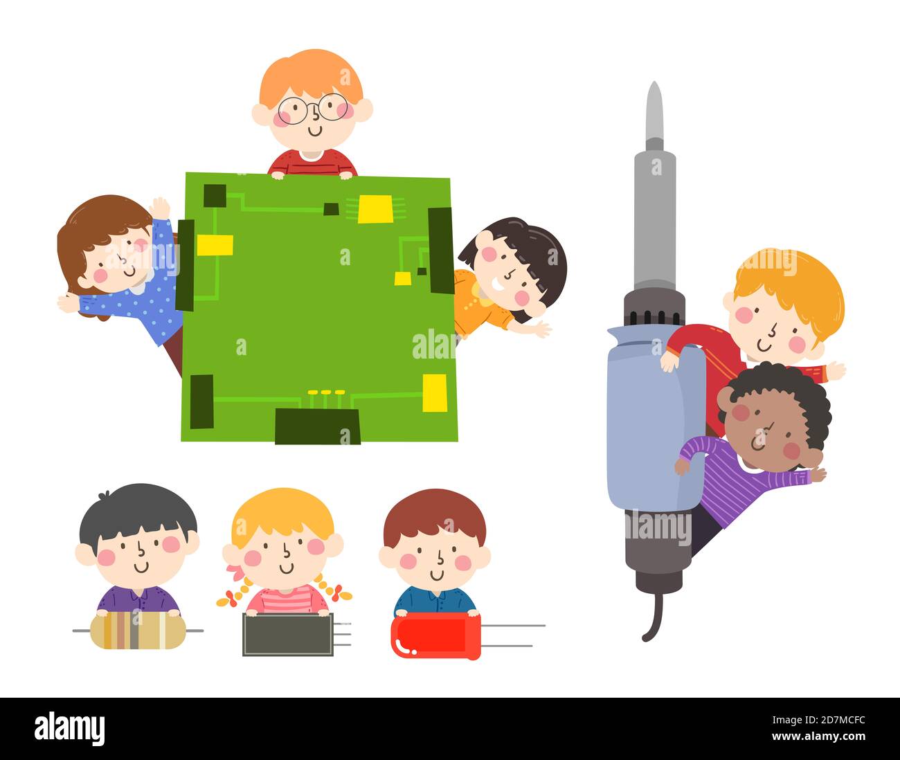 Illustration of Kids Holding a Computer Chip, Soldering Iron and Parts ...