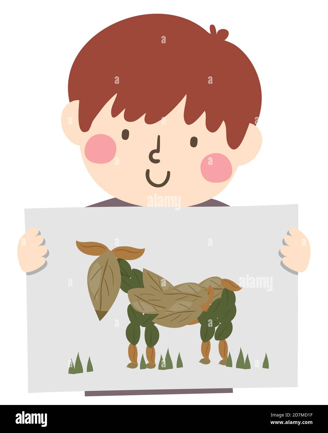 Illustration of a Kid Boy Showing His Leaf Art Collage at a Workshop ...