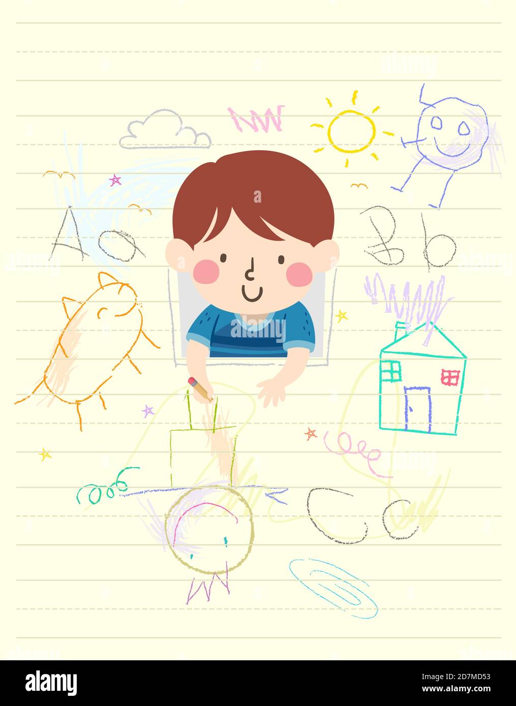 Illustration of a Kid Boy Holding a Pencil and Drawing Doodles on Paper ...