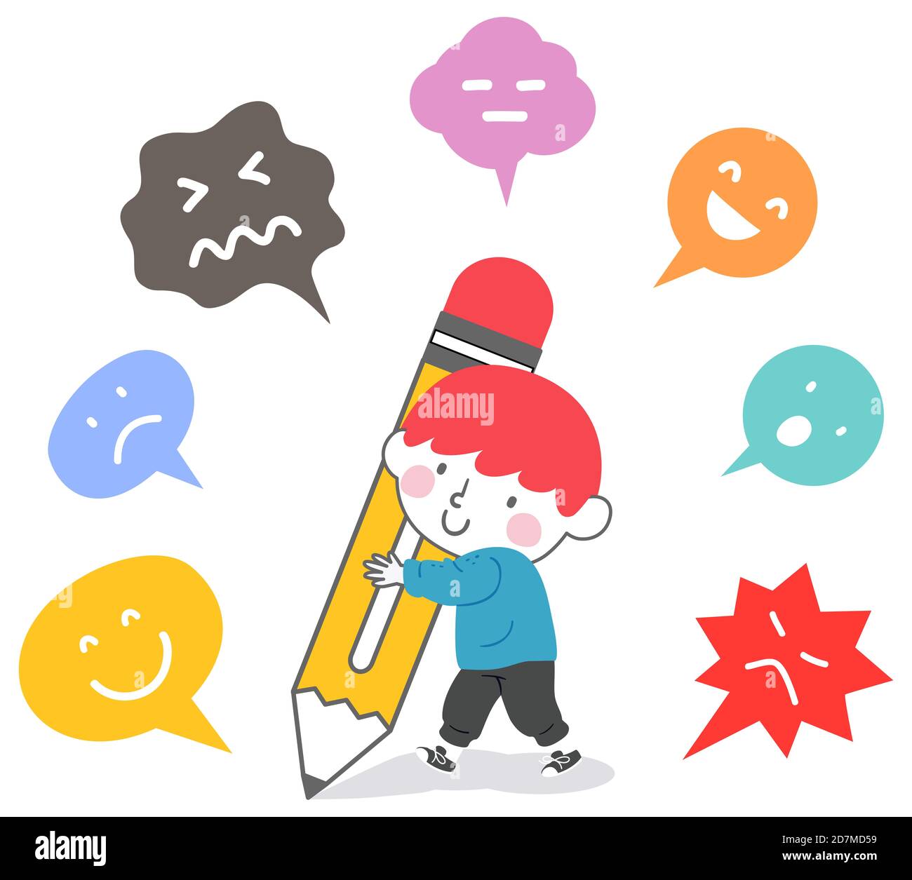 Illustration of a Kid Boy Holding a Big Pencil with Emotion Bubbles ...