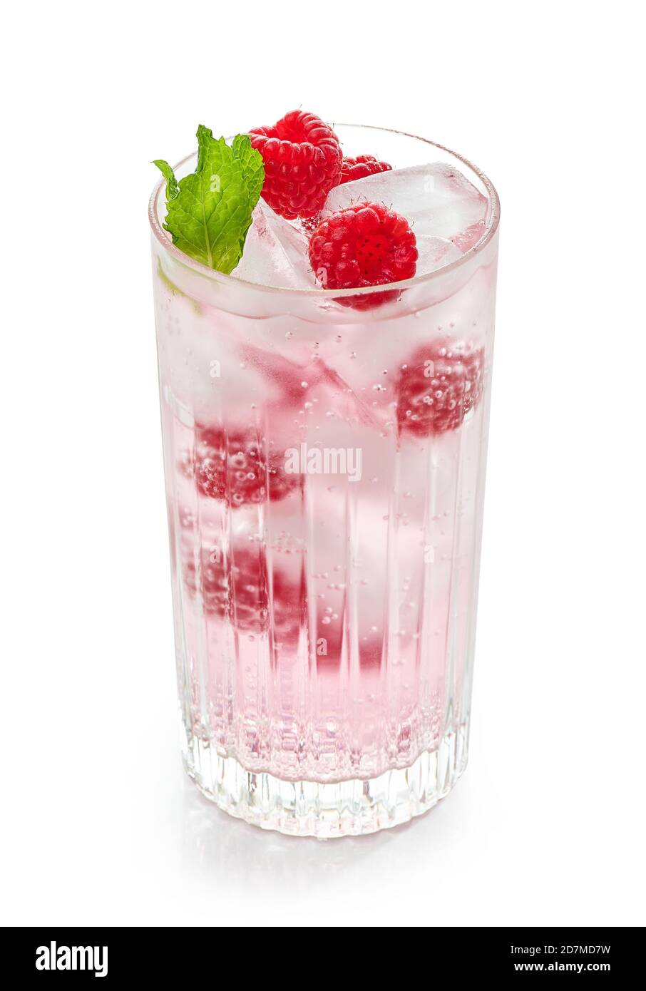 glass of iced soft drink with fresh raspberries isolated on white ...