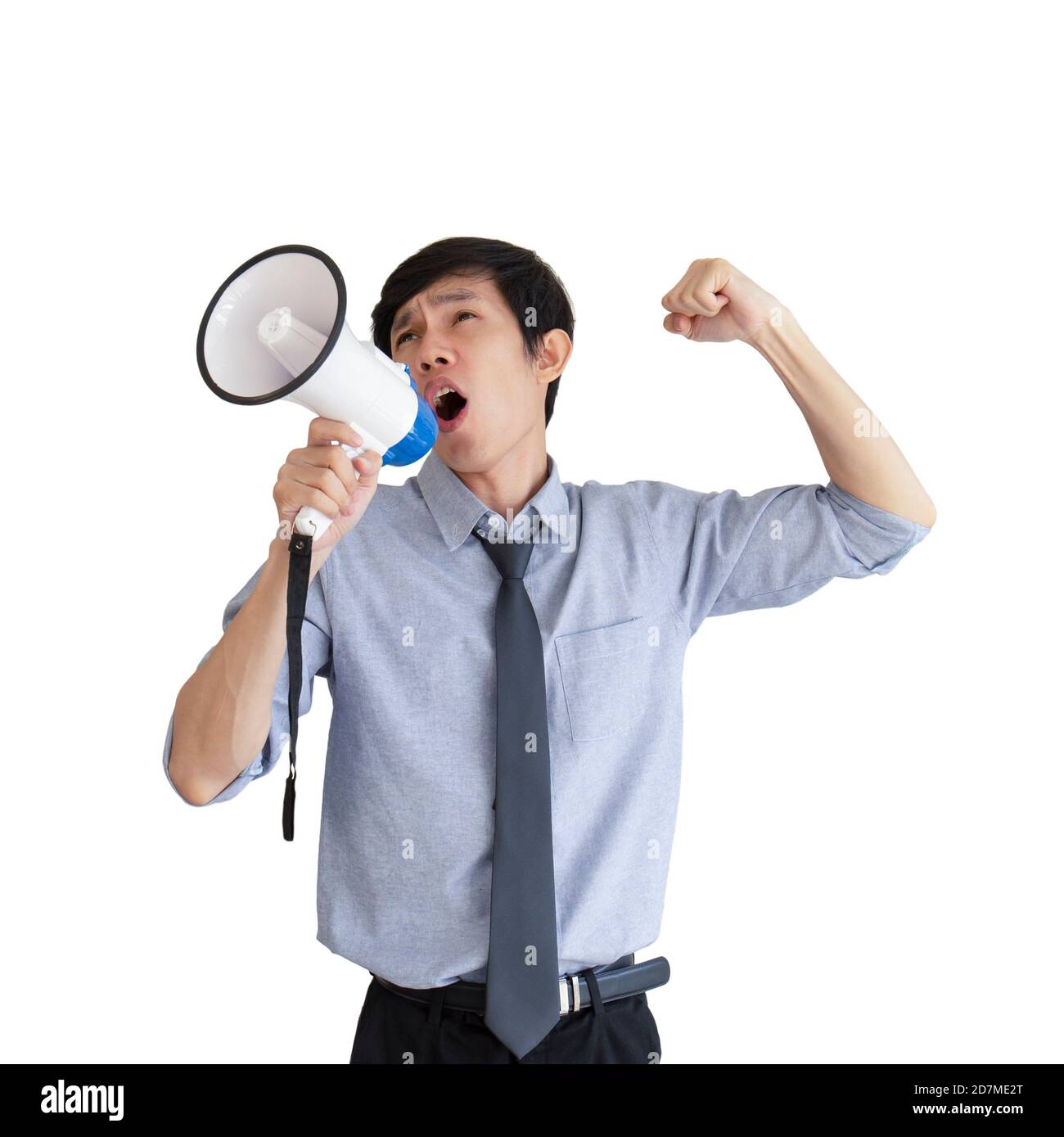 portrait of a young Asian man shouting with a megaphone isolated on ...