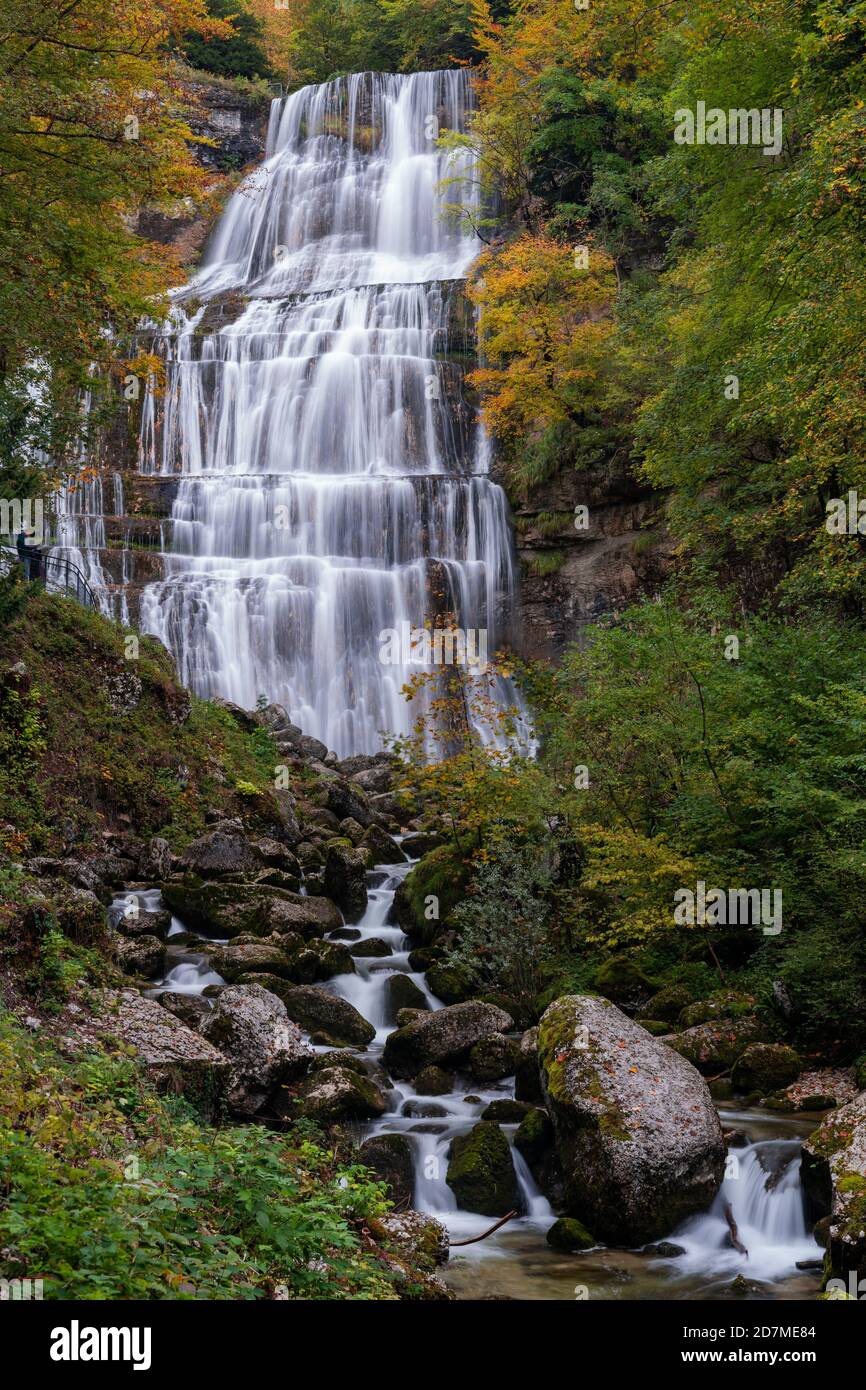 A beautiful autumn forest landscape with idyllic waterfall and pool ...