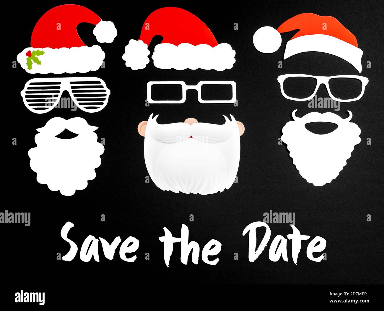 Three Santa Claus Paper Mask, Black Background, Text Save The Date ...