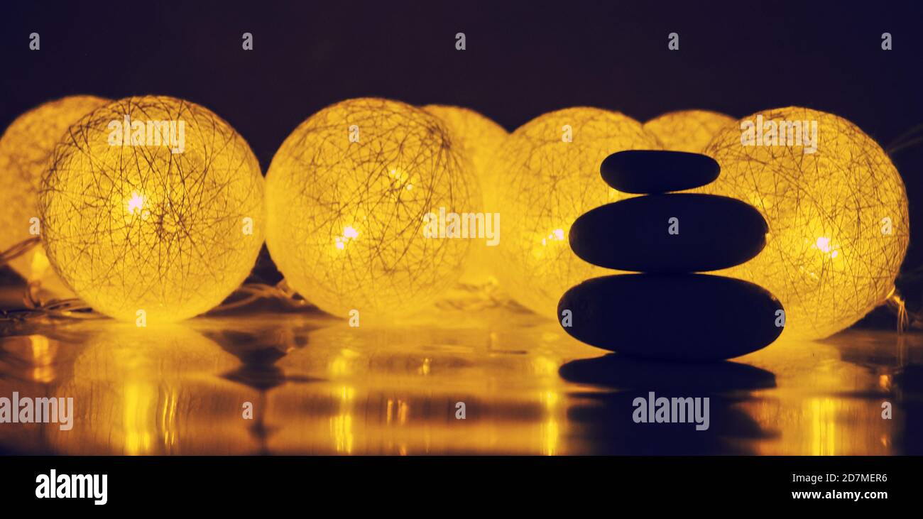banner for web Stack of Zen stones on abstract dark background of ...