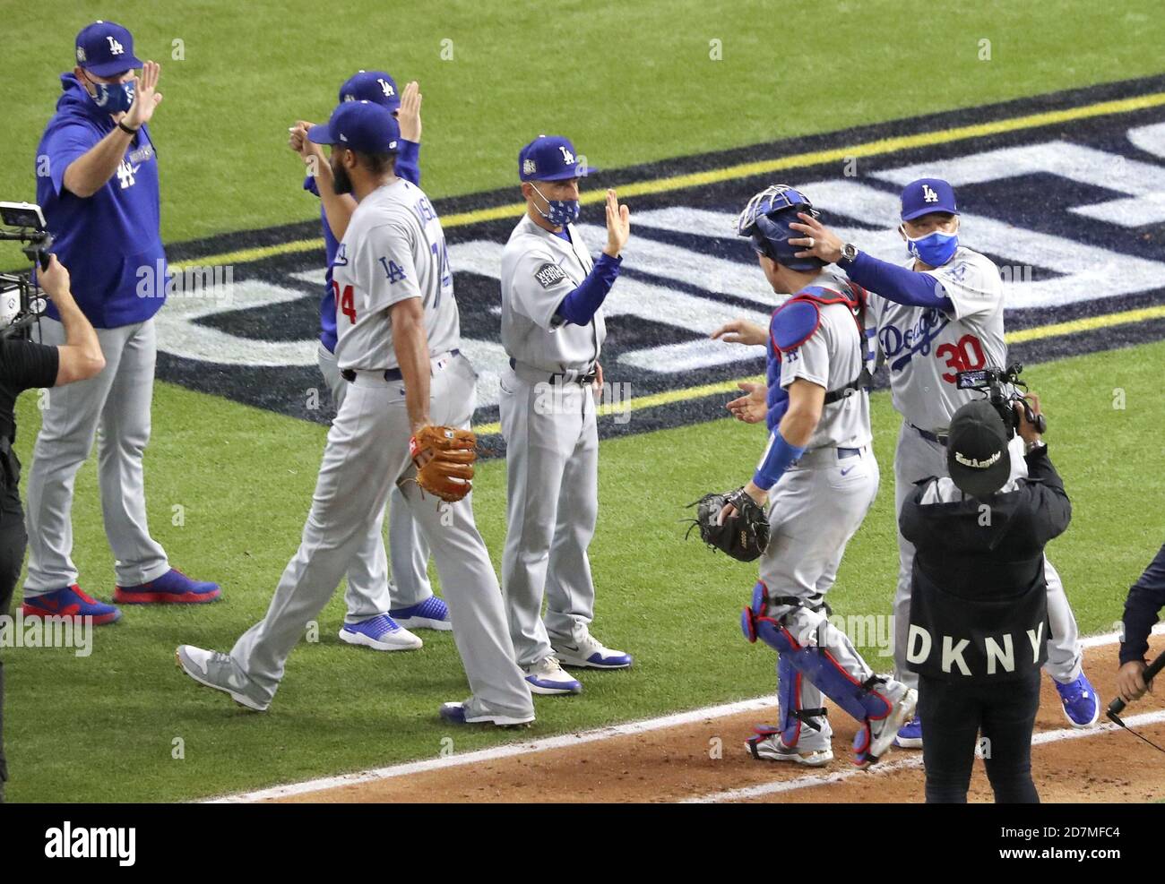 The Los Angeles Dodgers celebrate after taking a 2-1 World Series lead ...